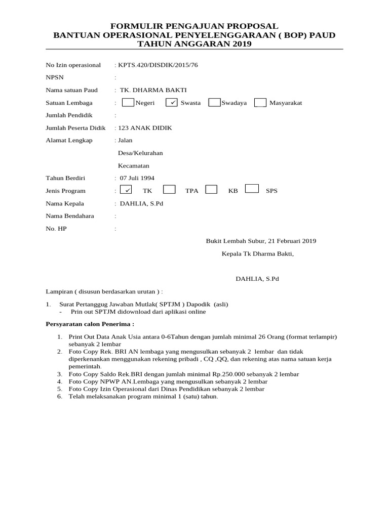 FORMULIR PENGAJUAN PROPOSAL BOP | PDF