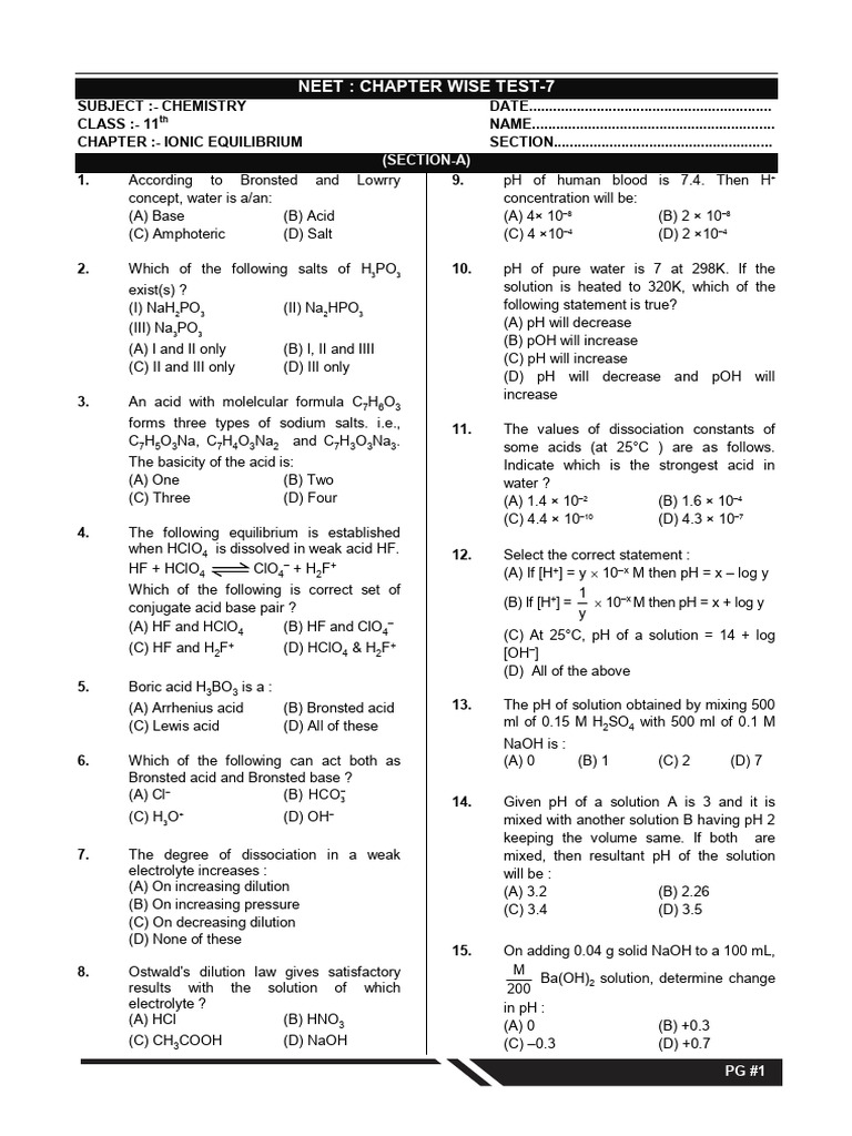 7-IONIC EQUILIBRIUM QUESTION | PDF | Acid | Ph