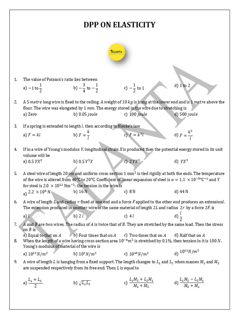 DPP ON ELASTICITY Talanta | PDF | Young's Modulus | Elasticity (Physics)