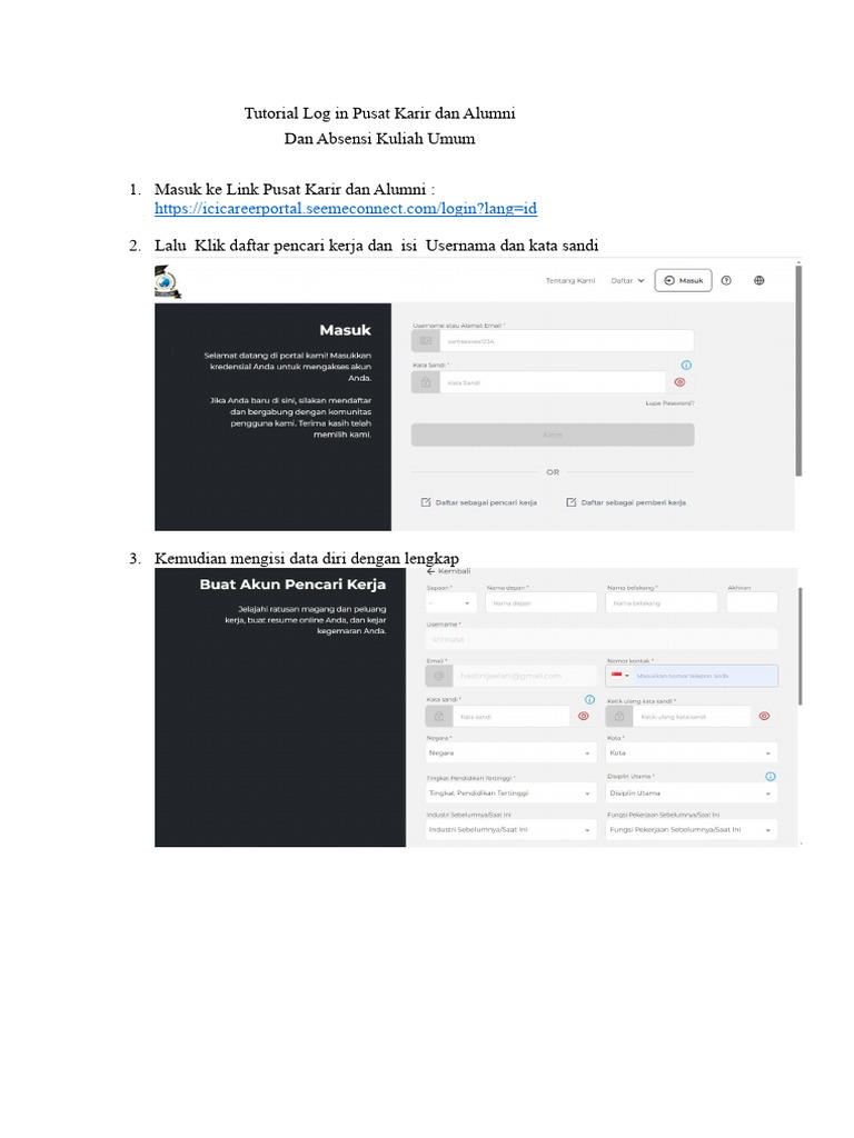 Tutorial Log in Pusat Karir Dan Alumni | PDF