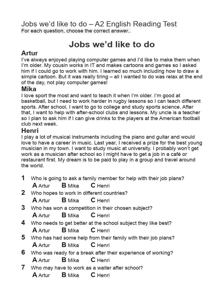 A2 Reading Test: Future Jobs Aspirations | PDF
