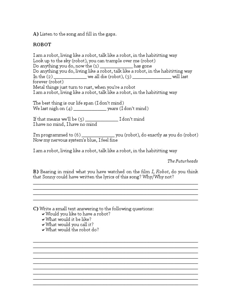 Fill-in-the-Gaps Robot Song Activity | PDF | Language Arts & Discipline