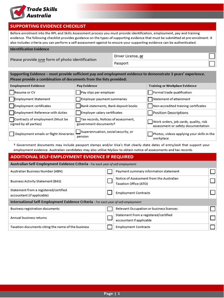 Evidence-Checklist-240209 | PDF | Identity Document | Employment