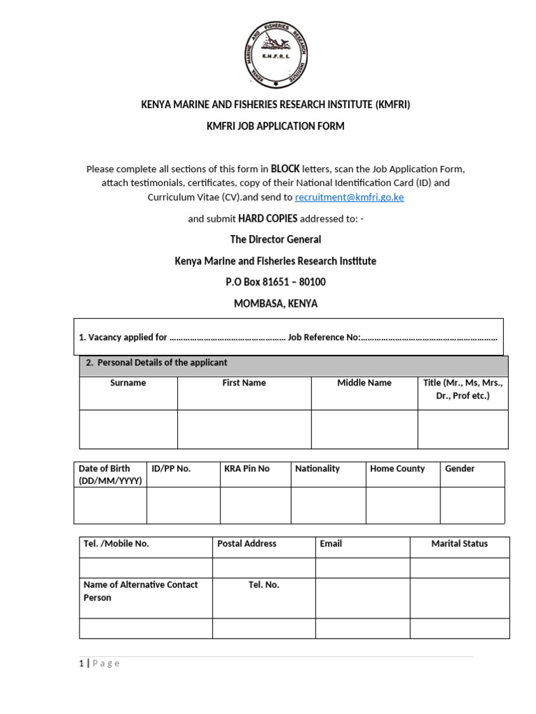 KMFRI Job Application Form Guide | PDF | Diploma | Qualifications