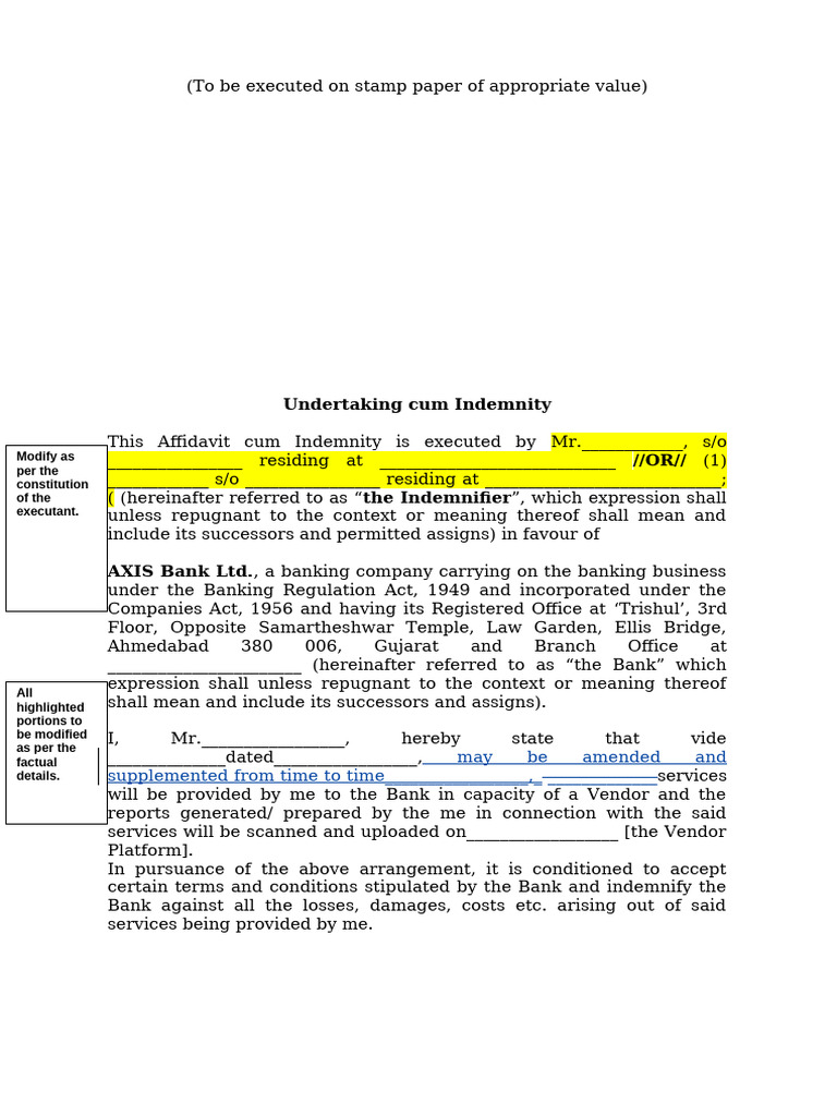 Annexure 1 - Undertaking Cum Indemnity | PDF | Indemnity | Banks