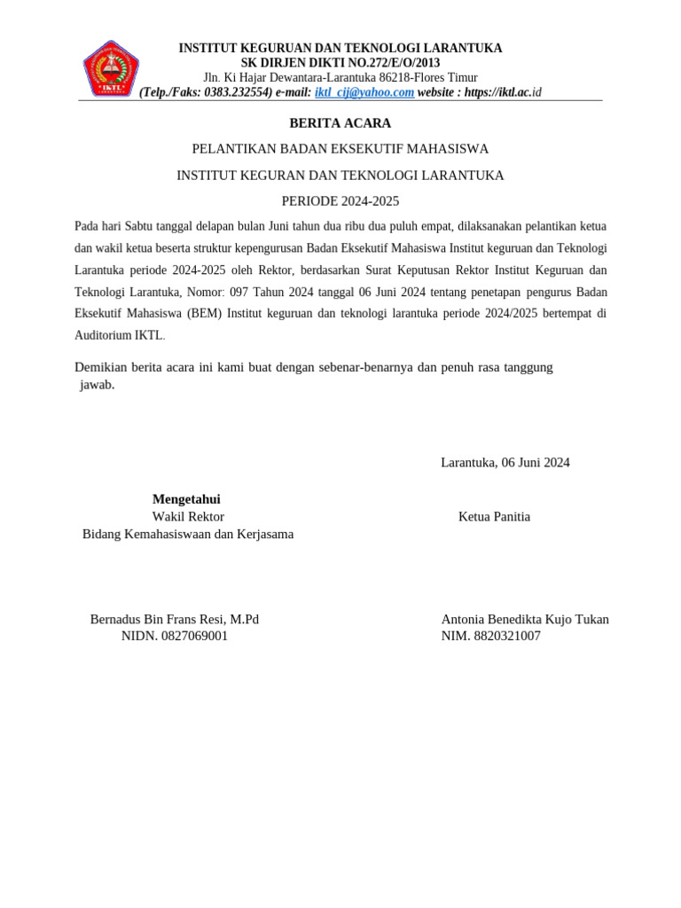 Berita Acara Pelantikan BEM 2024 | PDF