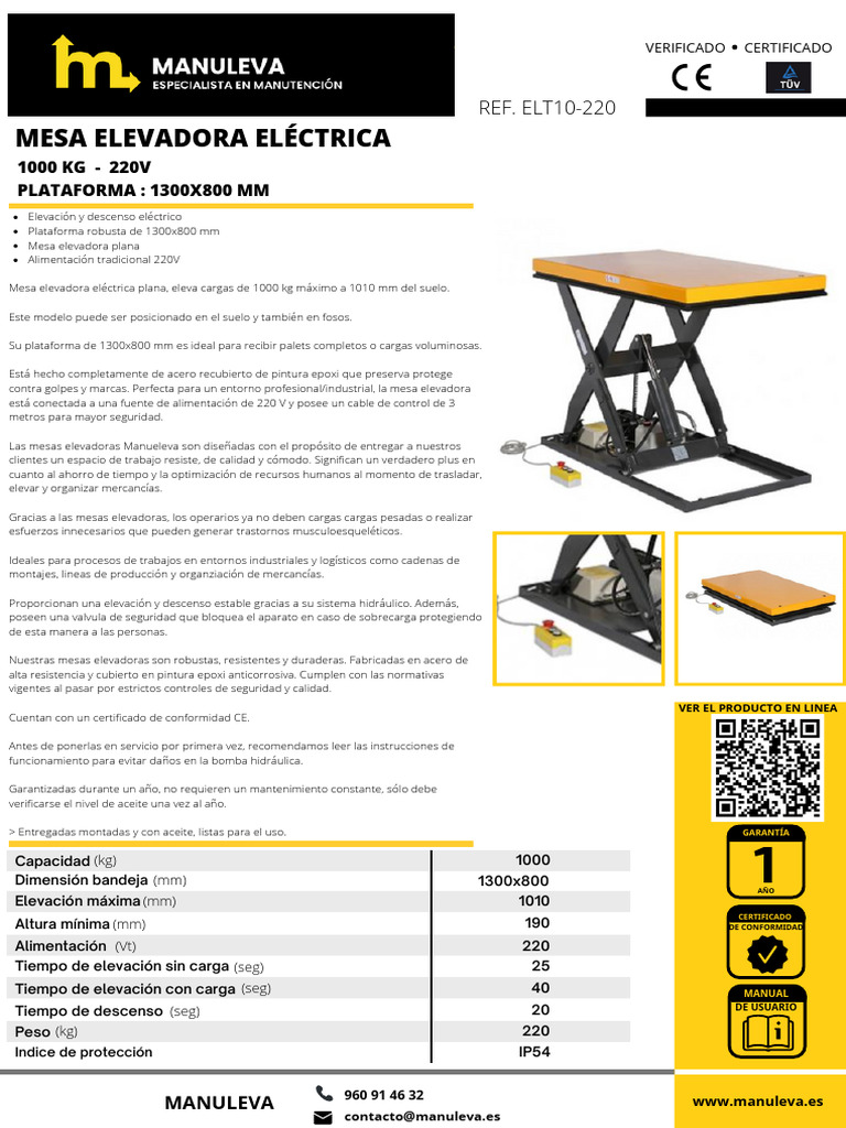 ELT10-220 mesa elevadora 1000Kg - plataforma 1300x800Mm (220V) | PDF