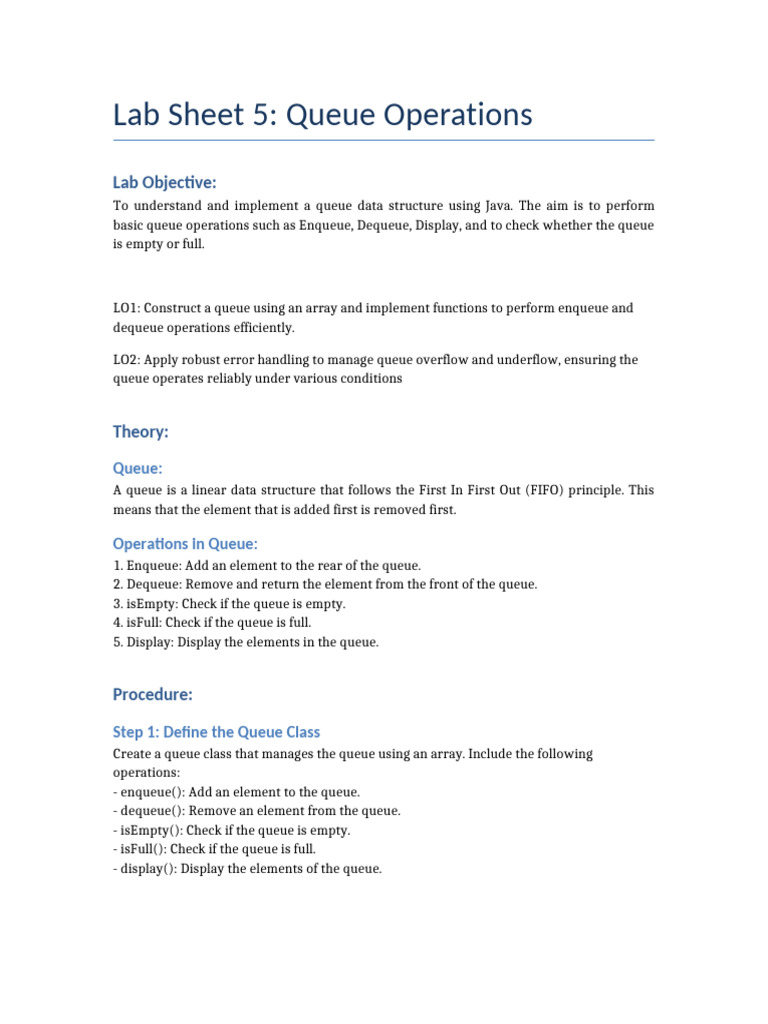 Lab Sheet 5- Queue Operations | PDF | Queue (Abstract Data Type ... Lab Sheet 5- Queue Operations | PDF | Queue (Abstract Data Type ...