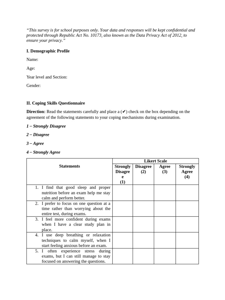 Coping Skills Questionnaire for Students | PDF