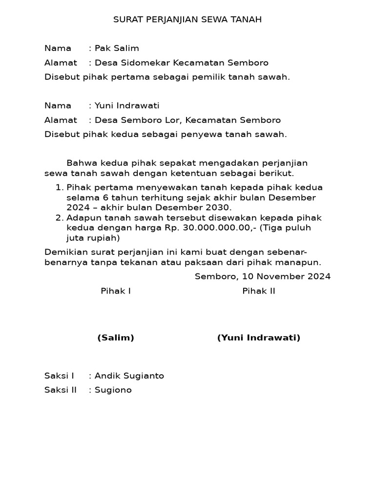 Perjanjian Sewa Tanah Sawah 6 Tahun | PDF