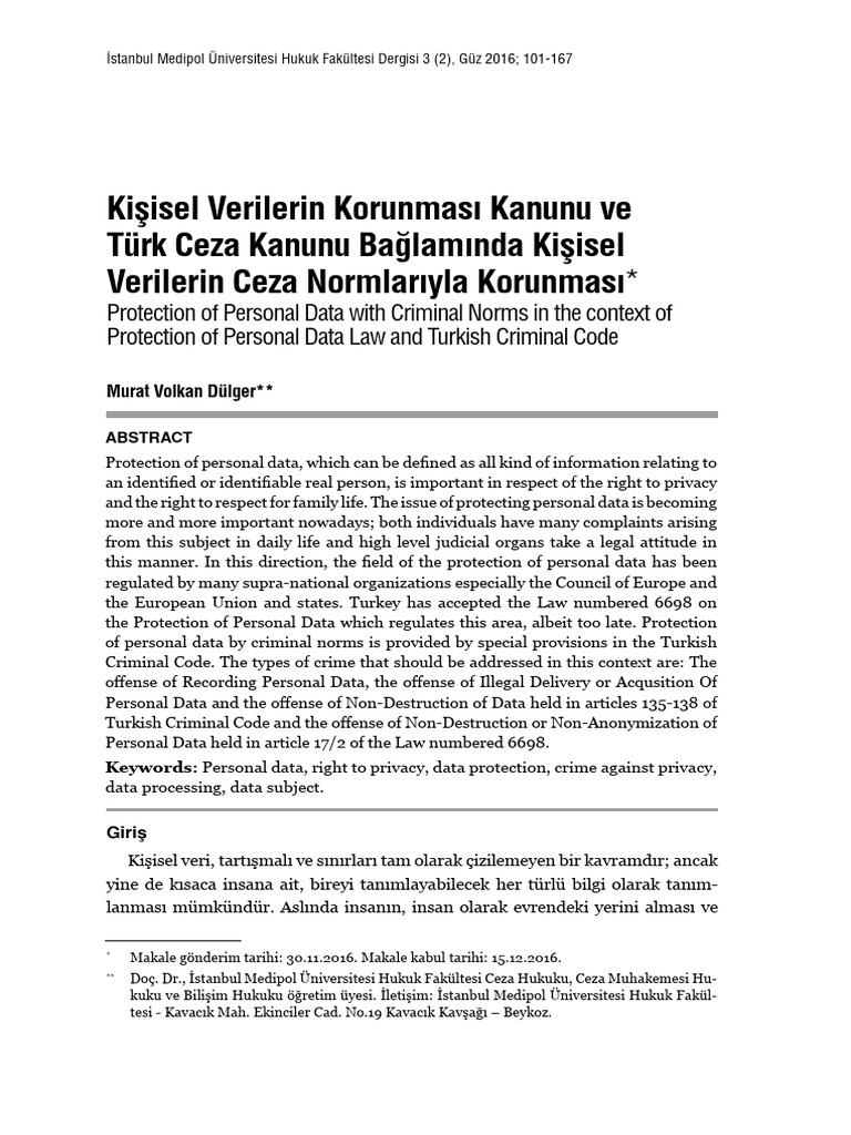 Ki Isel Verilerin Korunmas Kanunu Ve T RK Ceza Kanunu Ba Lam Nda Ki Isel Verilerin Ceza Normlar ...