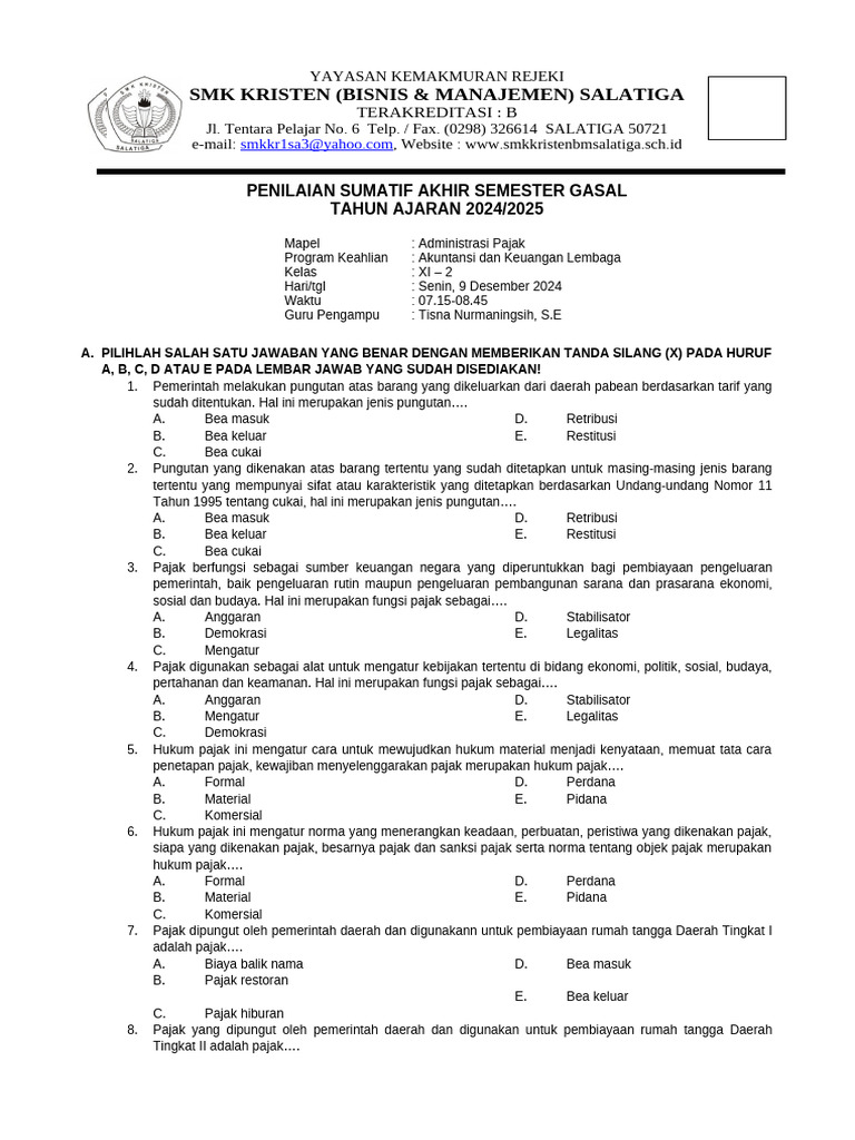 Latihan Soal Adm Pajak - KLS Xi | PDF
