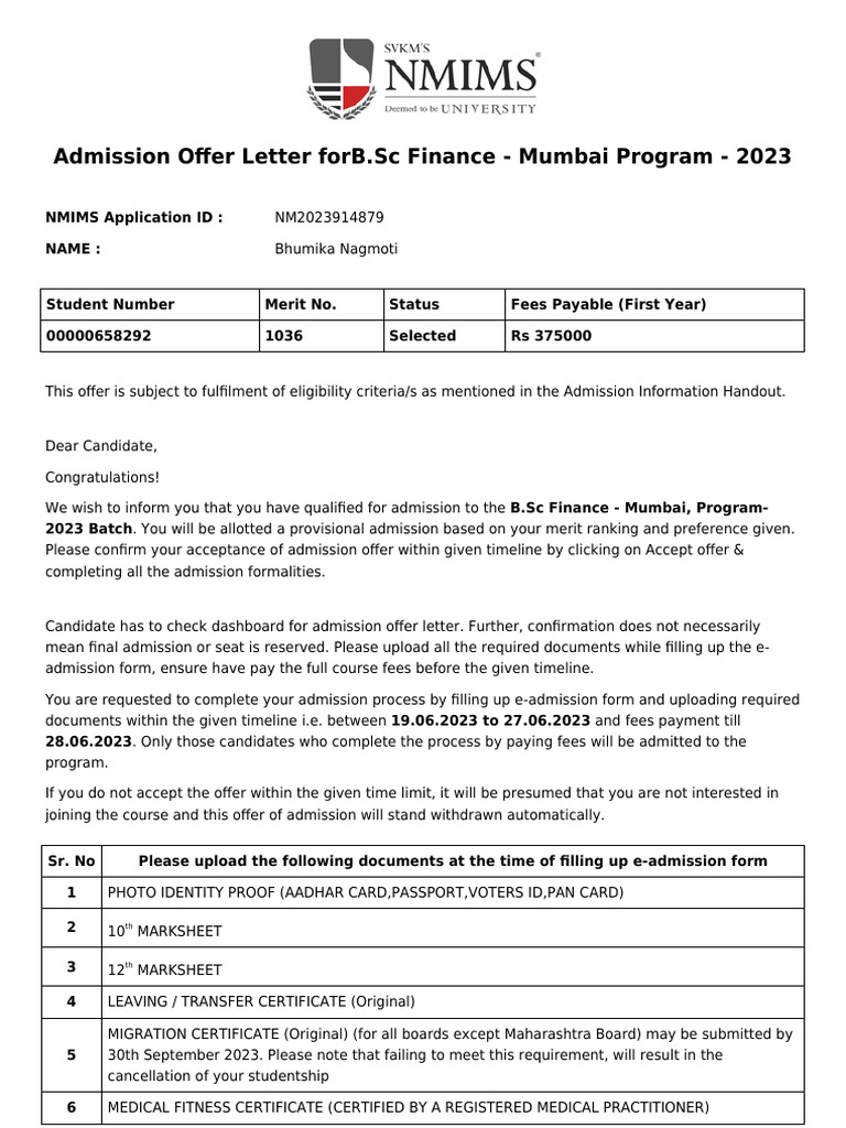 Offer Letter NM2023914879 | PDF | University And College Admission