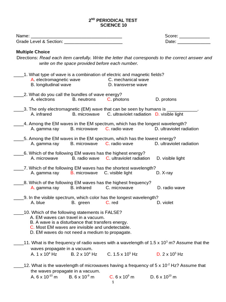 Science 10 Periodical Test Review | PDF | Electromagnetic Radiation ...