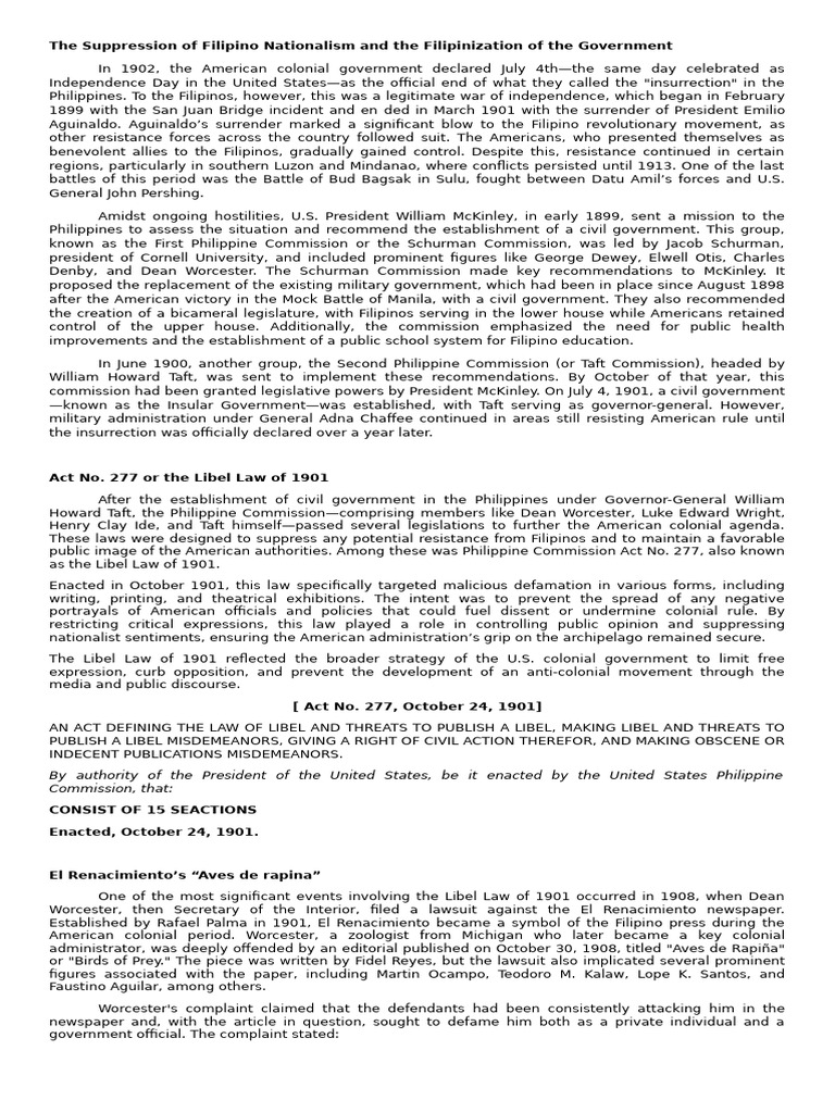 The Suppression of Filipino Nationalism and The Filipinization of The ...