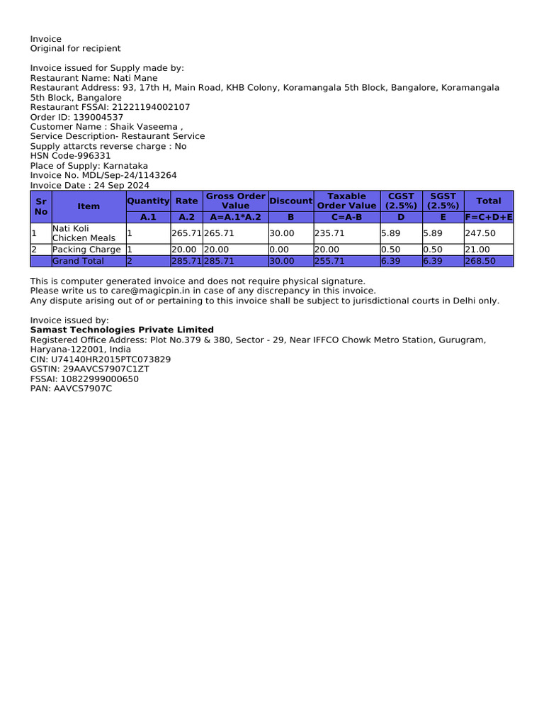 Nati Mane Restaurant Invoice - Sep 2024 | PDF