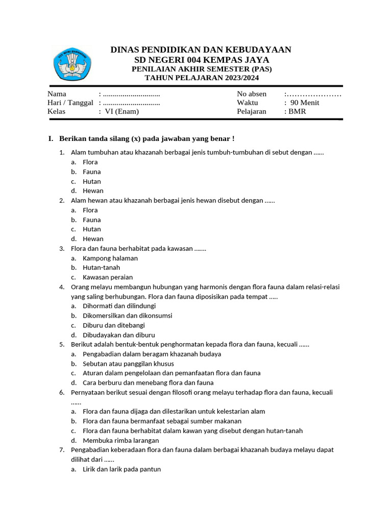 Soal BMR Kelas 6 Sem 2 | PDF