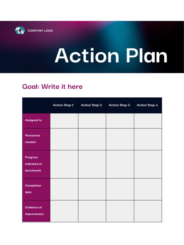 Action Plan Doc in Dark Blue Dark Pink Gradients Style | PDF