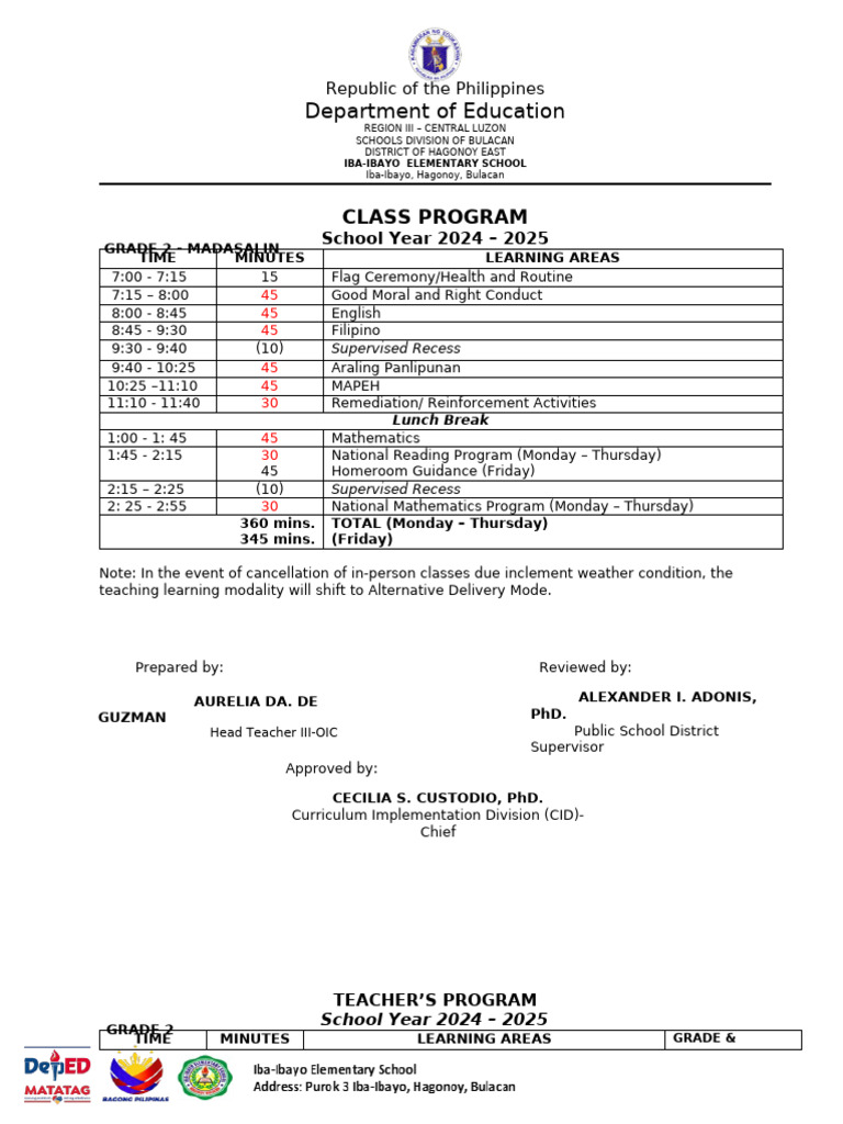 Grade 2 Class Program - SY2024 25 Final | PDF | Learning | Behavior ...