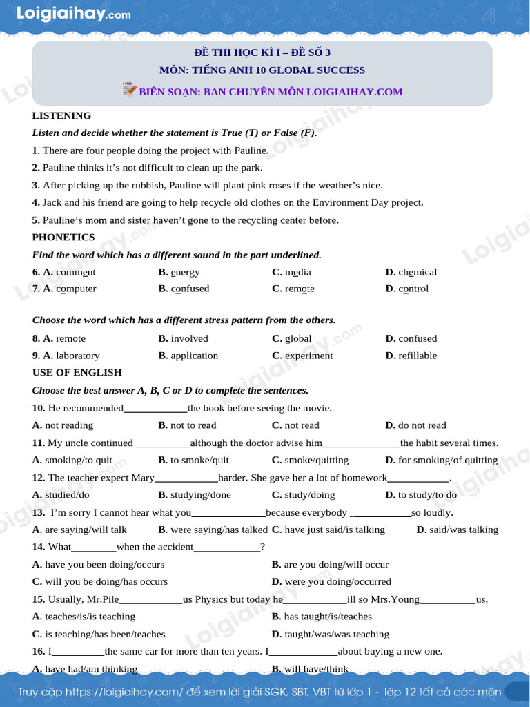 De Thi Hoc Ki 1 Tieng Anh 10 Global Success | PDF | Electricity | Amber