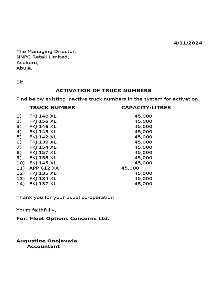 Activation of Truck Numbers 22 | PDF