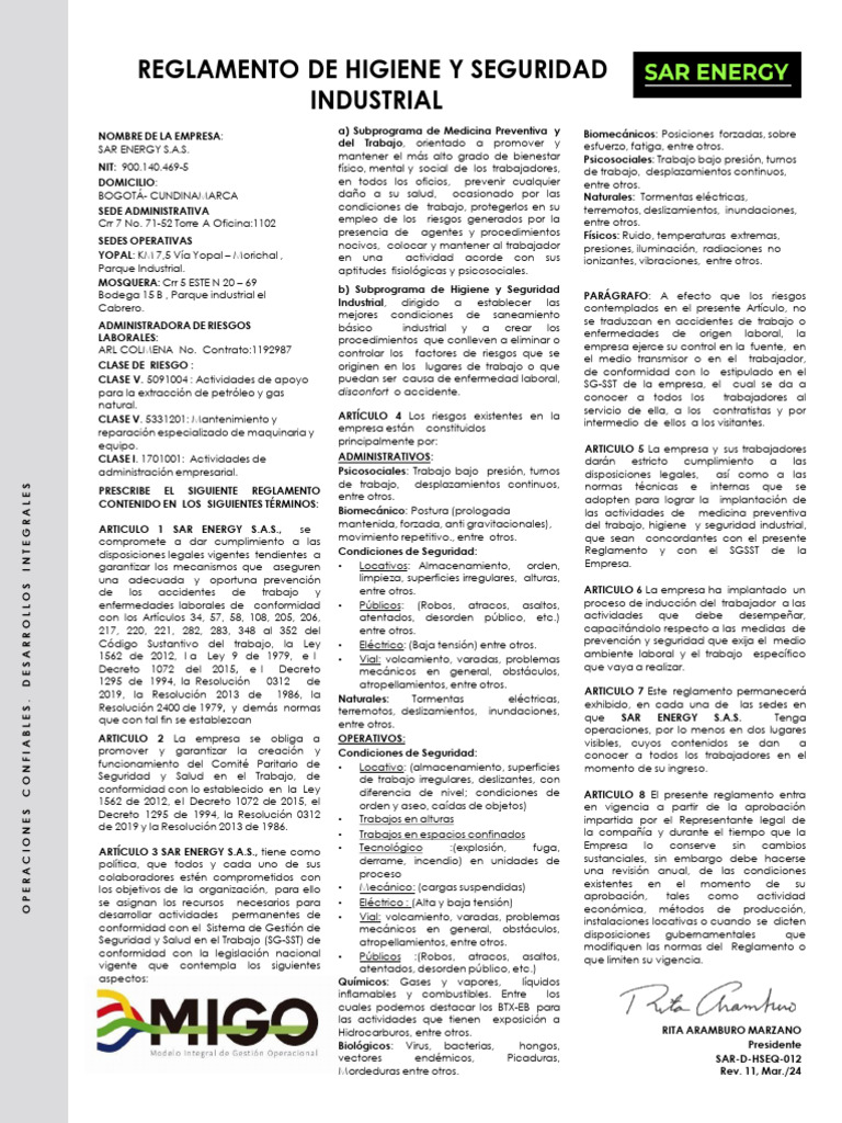 SAR-D-HSEQ-012 Reglamento de Higiene y Seguridad Idustrial Rev.11 - Firmado | PDF | Higiene