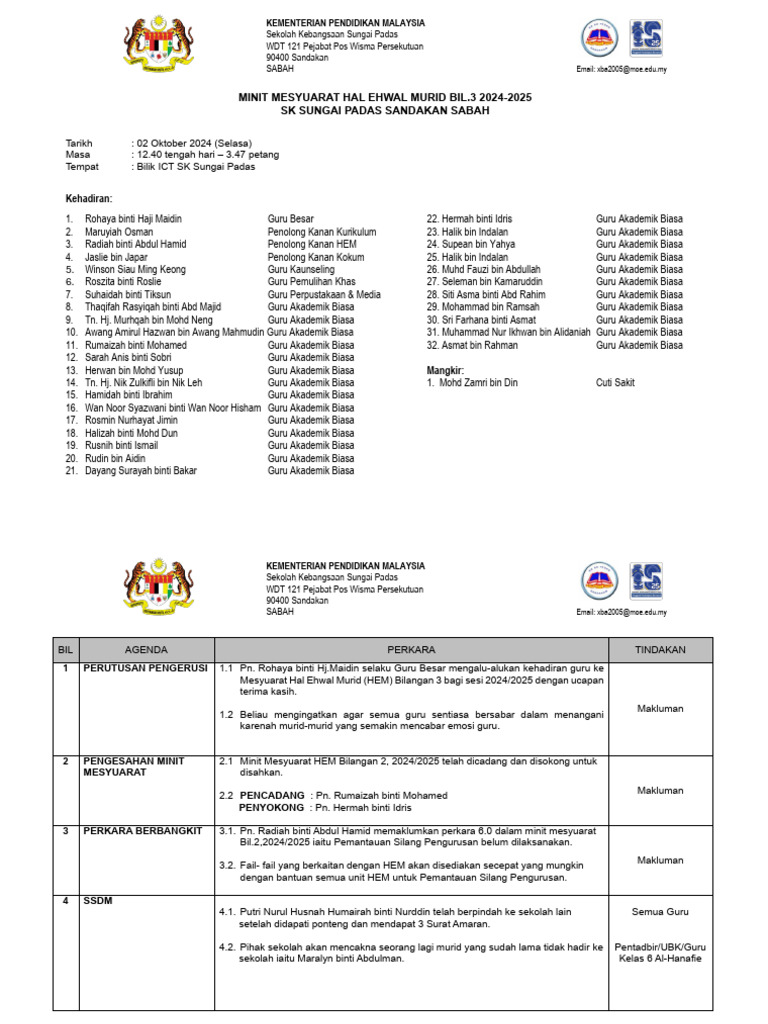 Minit Mesyuarat Hal Ehwal Murid Bil.3 2024 | PDF