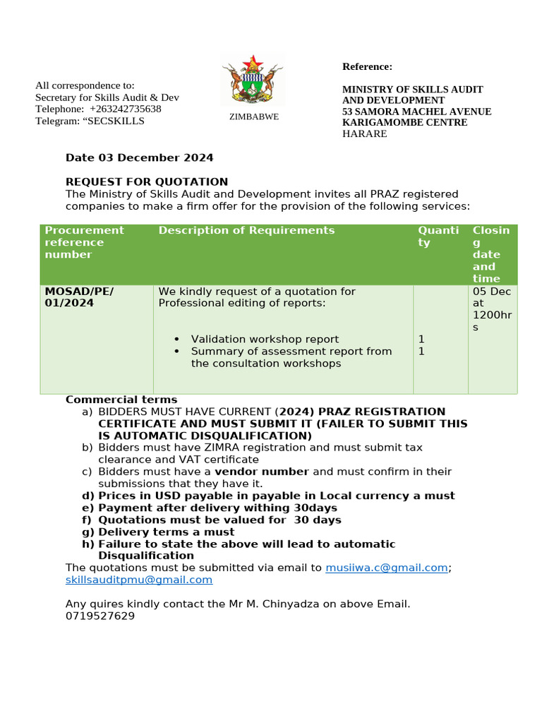Zimbabwe Skills Audit Quotation Request | PDF | Taxes | Payments