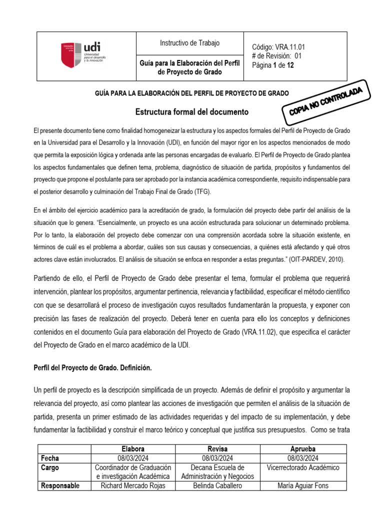 VRA.11.01 - Guía para La Elaboración Del Perfil de Proyecto de Grado | PDF | Teoría ...