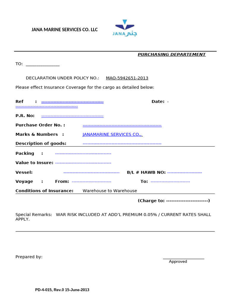 Cargo Insurance Declaration Form | PDF