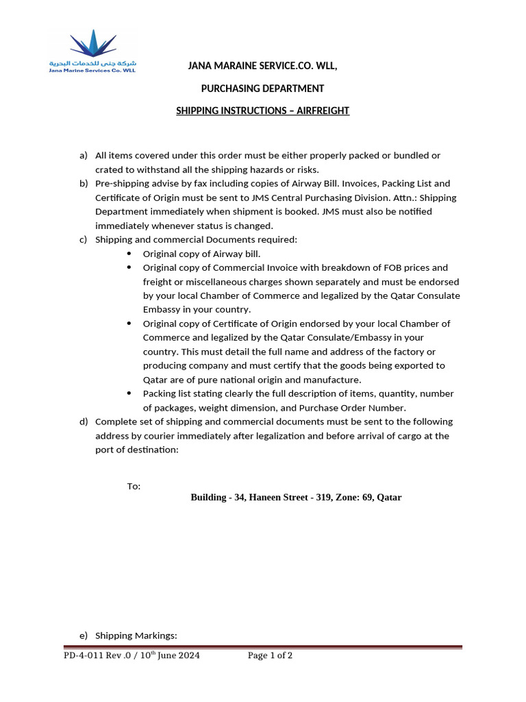PD 4-011-Shipping Instruction (SA) | PDF | Cargo | Freight Transport