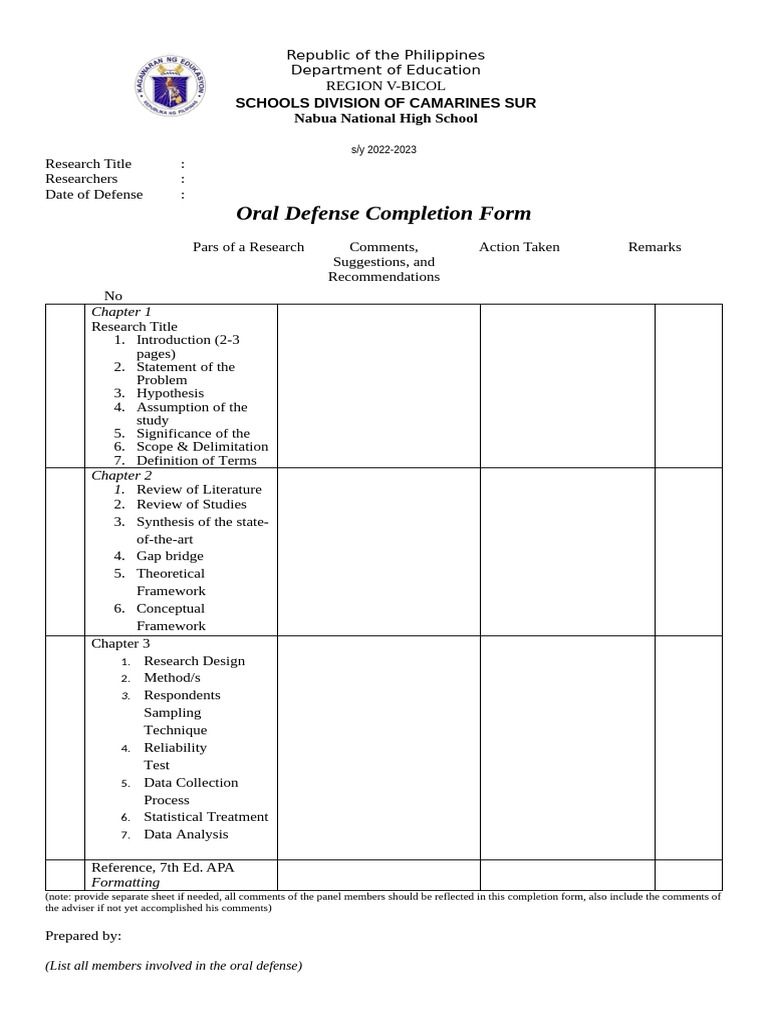 Oral Defense Completion Form NNHS Format | PDF