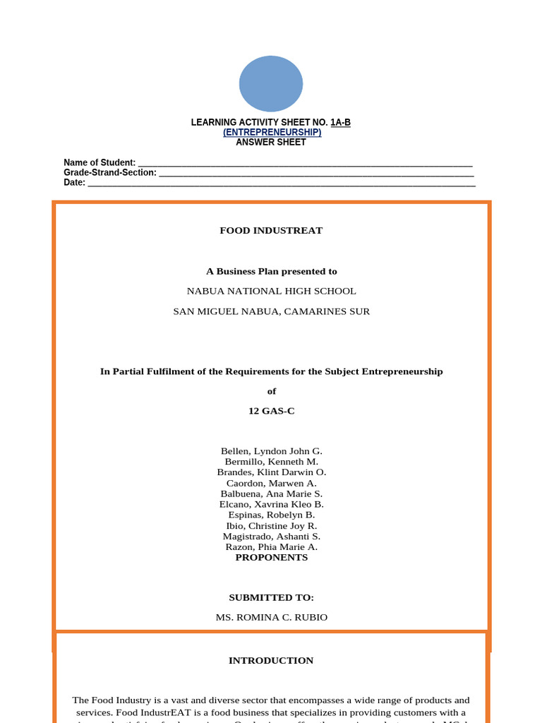 Entrep Las 1a B Answer Sheet Editable Template | PDF | Income | Expense