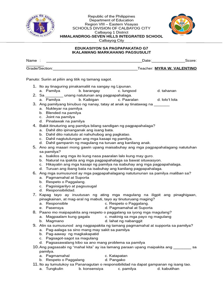 Esp 7 Q2 Exam - 121050 | PDF