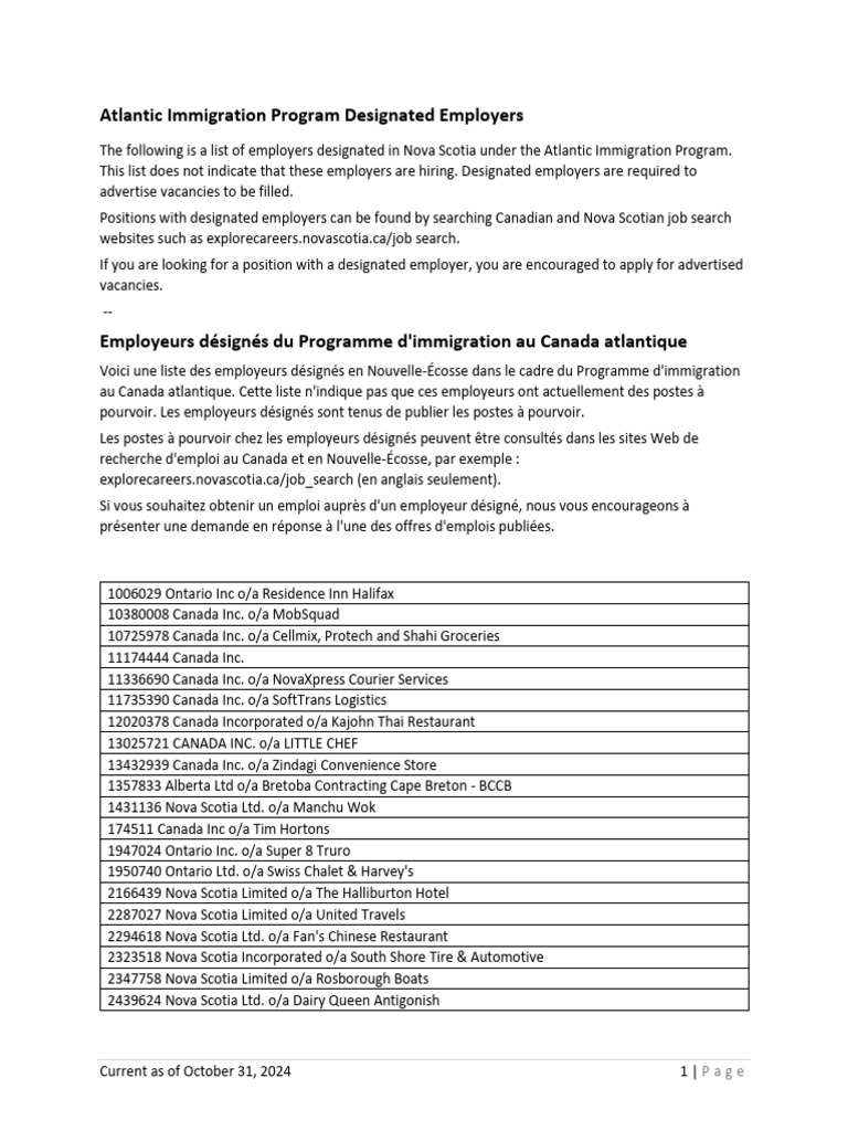 Nova Scotia Designated Employers List | PDF | Restaurants | Foods