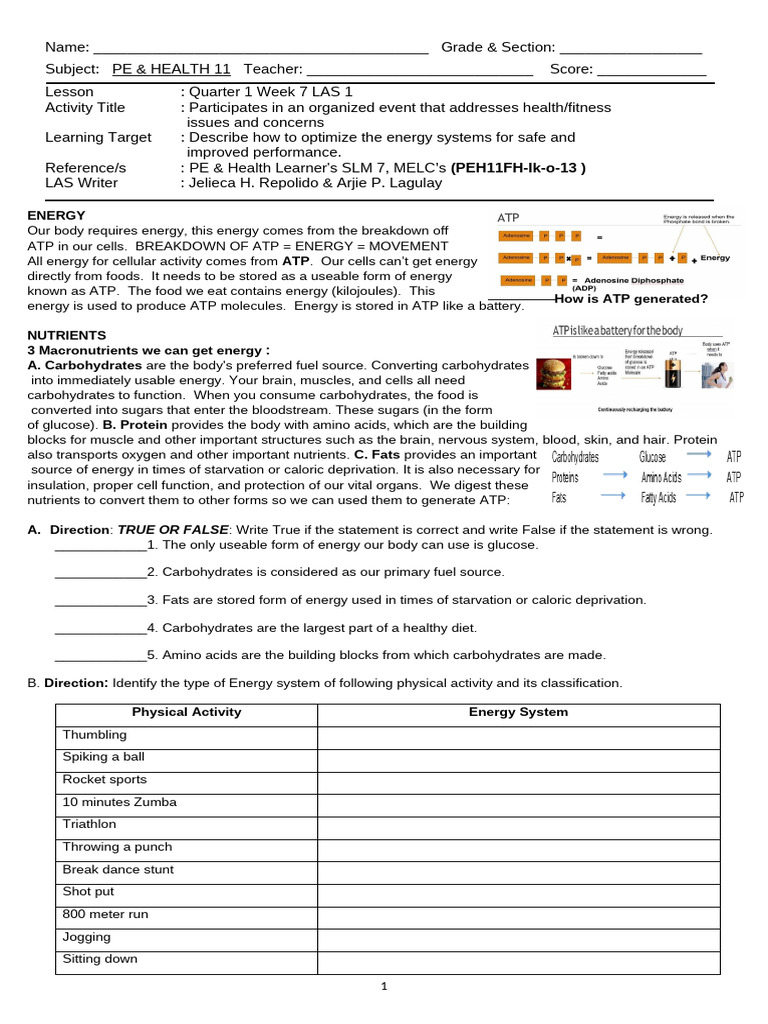 Pe Health 11 Q1 Week 7 Las 1 | PDF | Cellular Respiration | Glycogen