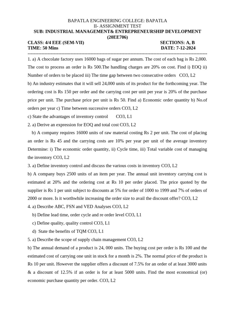20EE706-IMED-II Assignment Test | PDF | Economies | Business