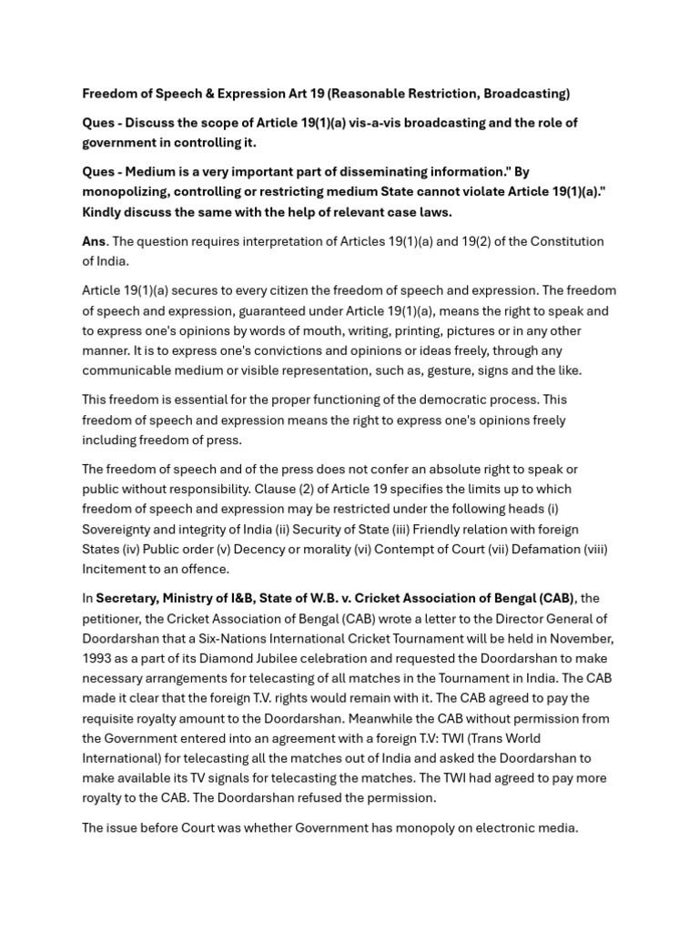 Freedom of Speech & Expression Art 19 (Reasonable Restriction ...