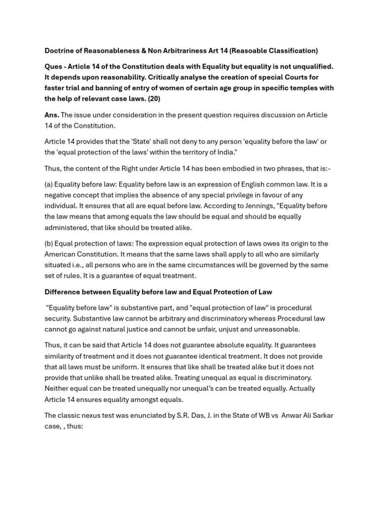 Doctrine of Reasonableness & Non Arbitrariness Art 14 (Reasoable ...