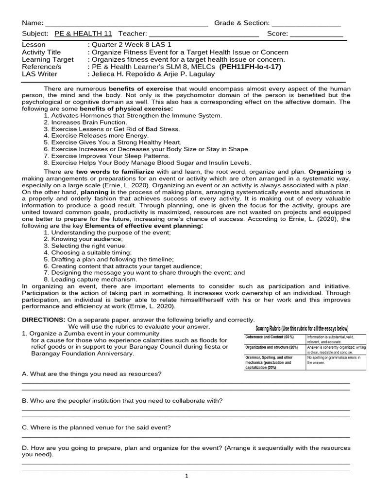 Pe Health 11 Q1 Week 8 Las 1 2 | PDF | Physical Fitness | Physical ...