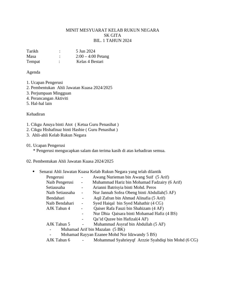 Contoh Minit Mesyuarat Unit KK | PDF