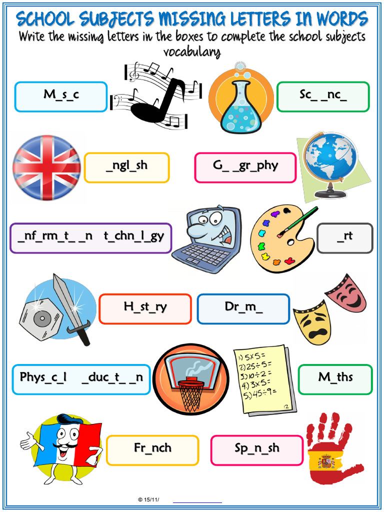 School Subjects Vocabulary Esl Missing Letters in Words Worksheet For ...