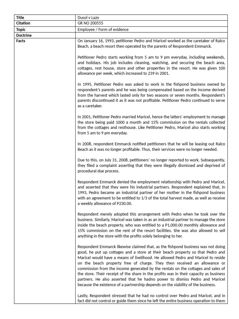 GR NO 200555 Dusol V Lazo | PDF | Employment | Partnership