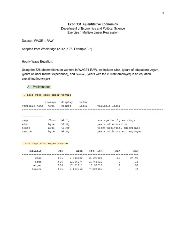 E131 - Exercise 1 - Multiple Linear Regression | PDF | Coefficient Of Determination | Regression ...