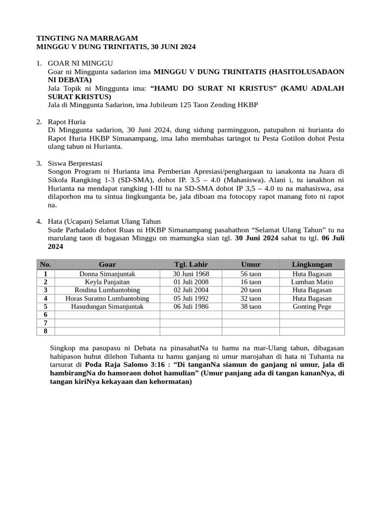 Minggu V Trinitatis HKBP 2024 | PDF