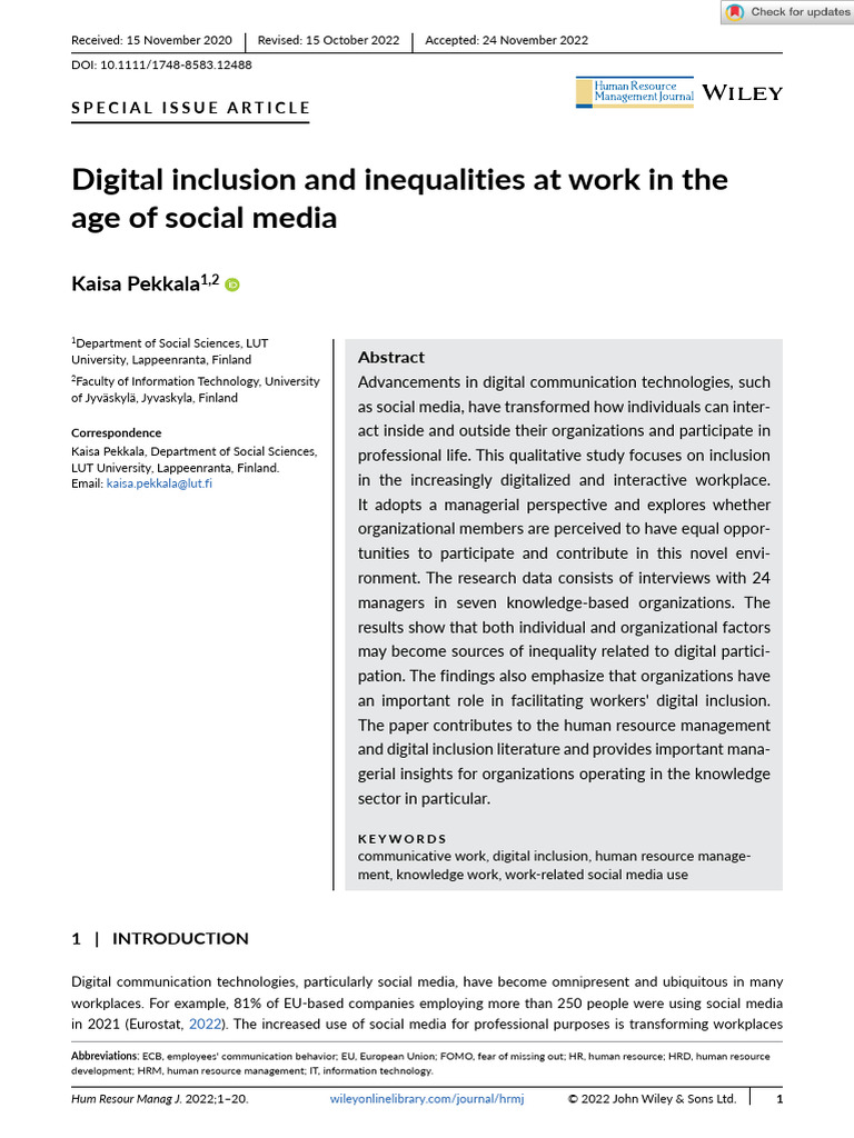 Human Res MGMT Journal - 2022 - Pekkala - Digital Inclusion and ...