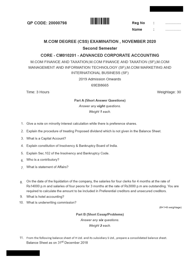 Mcom 2 Sem Advanced Corporate Accounting 20000798 Nov 2020 | PDF | Balance Sheet | Expense