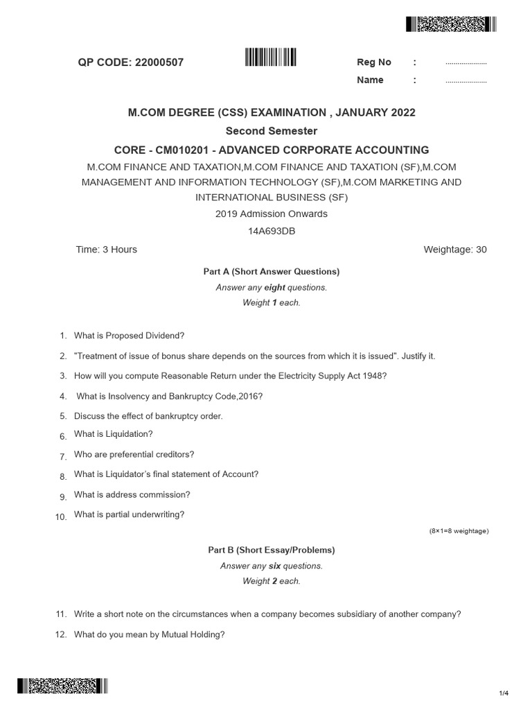 Mcom 2 Sem Advanced Corporate Accounti | PDF | Equity (Finance) | Balance Sheet