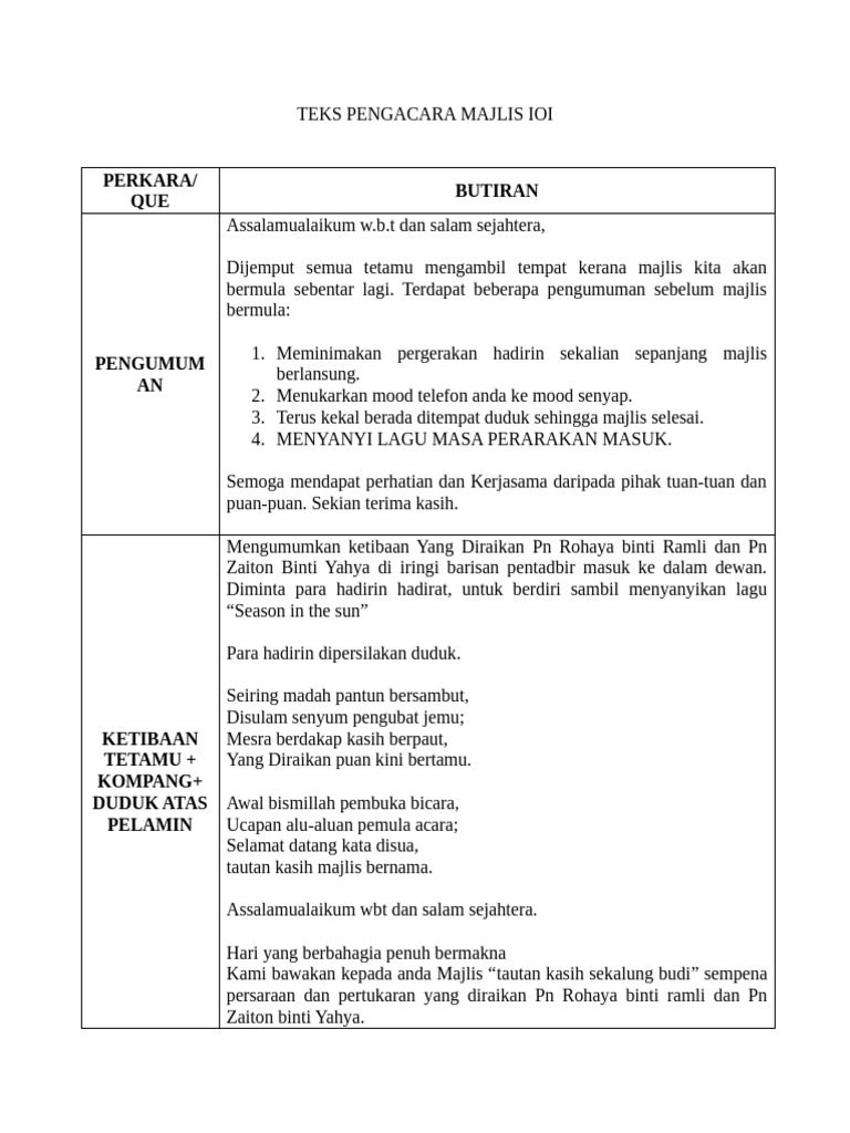 Teks Pengacara Majlis Ioi PN Aya Dan PN Zaiton | PDF