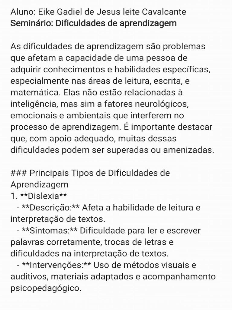 Seminário Dificuldades de Aprendizagem, Eike - 241030 - 150155 | PDF